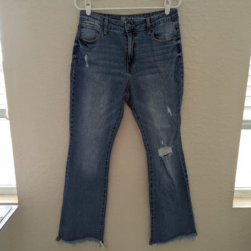 No Boundaries Flared High Rise Jeans Raw Hem Distress… - Gem